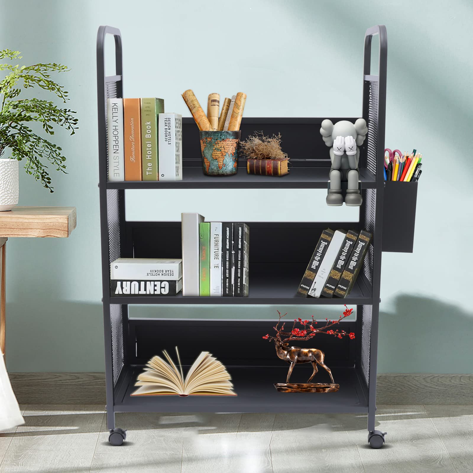 DDBESSIC Rolling Book Cart, 3 Tier Book Rack Storage Bookshelf with 3 Flat Shelves, Movable Bookcase with Wheels Utility Organizer Cart Side Literature Rack