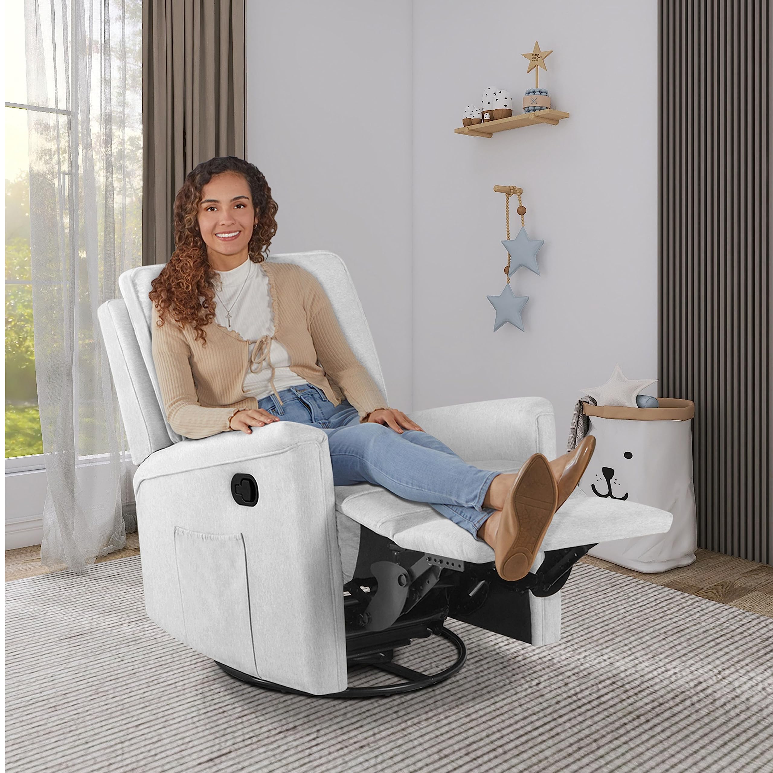Evolur Beau Upholstered Seating Swivel, Manual, Greenguard Gold Certified, Chair, Modern Nursery Recliner, Tool-Free Assembly Glider, Morning Grey