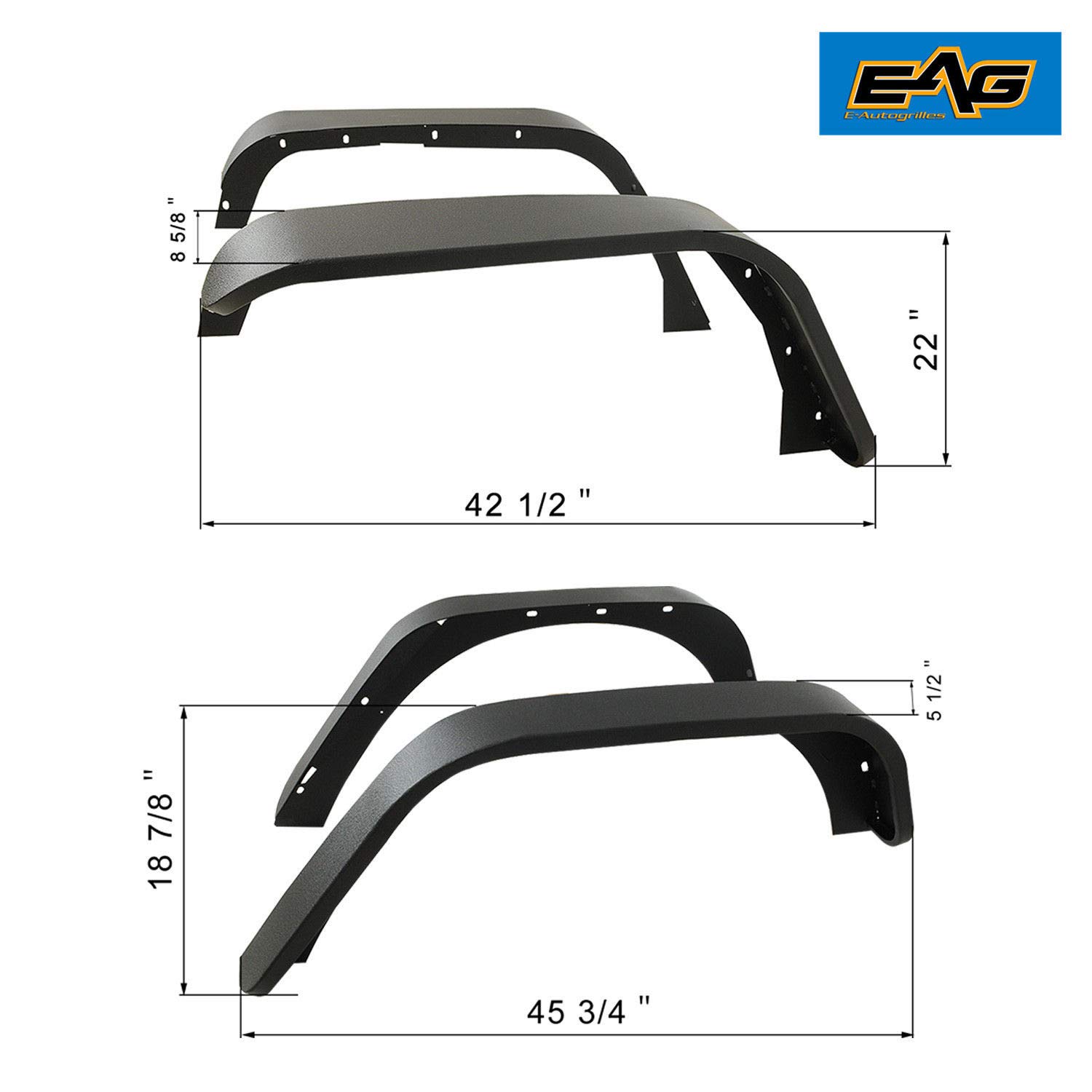 EAG Front + Rear Fender Flares Steel Flat Style 4PCS Fit for 07-18 Wrangler JK