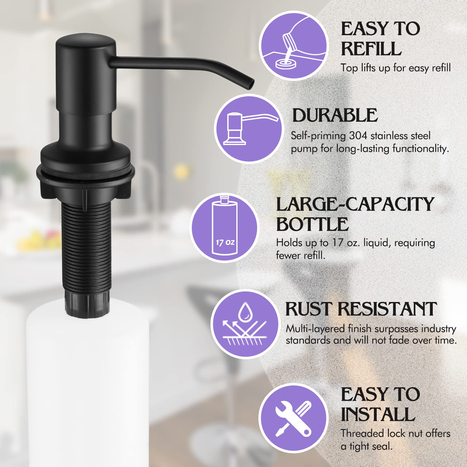 Hoanmpy Kitchen Sink Soap Dispenser,Built in,Stainless Steel(Black Matte), in Counter Soap Dispenser,Pump Set for Dish Soap or Lotion, 17 OZ,in Sink Soap Dispenser
