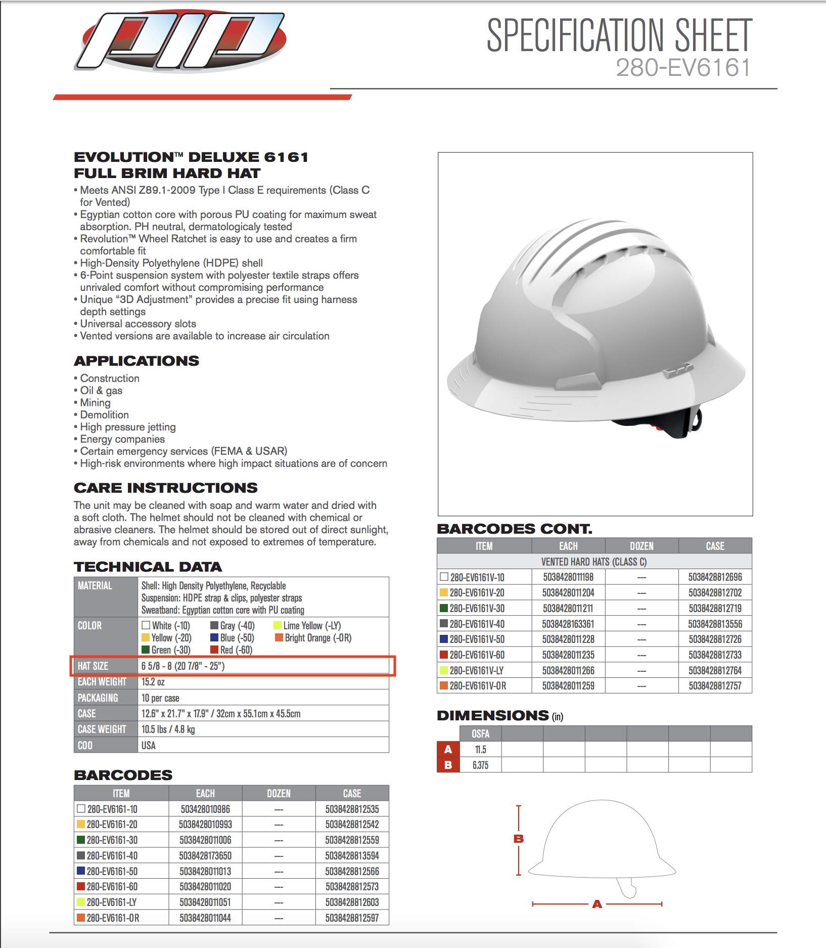 Evolution Deluxe 6161 280-EV6161-10V Full Brim Hard Hat with HDPE Shell, 6-Point Polyester Suspension and Wheel Ratchet Adjustment Vented, White