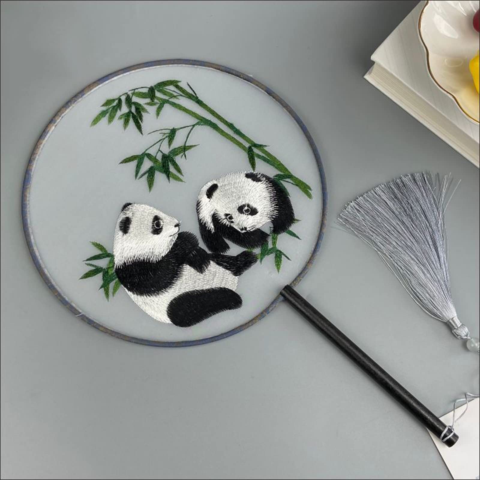 ERTUO Embroidered Long Handle Hand Fan Panda Embroidered Round Fan Semi-Transparent Retro Hanfu Dance Cheongsam Chinese Style Classical Fan