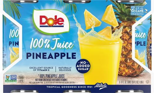 Dole 100% Pineapple Juice, No Added Sugar, Excellent Source of Vitamin C, 100% Fruit Juice, 6 Fl Oz (Pack of 6), Packaging May Vary