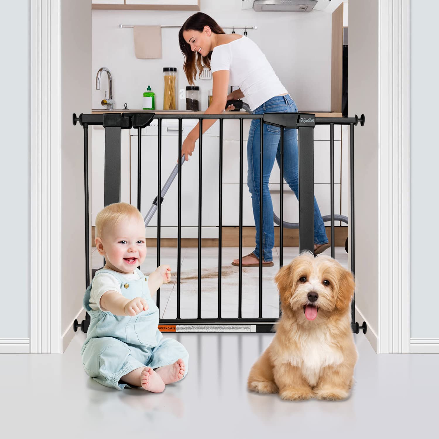 KBYTDREAM 29.5 to 40.5" Extra Wide Walk Through Pet Gate, Auto Close Safety Baby Gate, Metal Durability Dog Gate for House, Stairs, Doorways, Includes 2 Extension Kit, Black