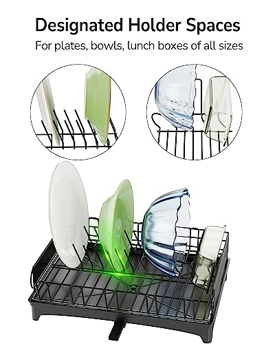 ULG Dish Drying Rack with Drainboard, Countertop Dish Rack, Rustproof Dish Drainer for Kitchen Counter, Draining Rack with Detachable Utensil Holder, Adjustable Swivel Spout Dish Strainers, Black