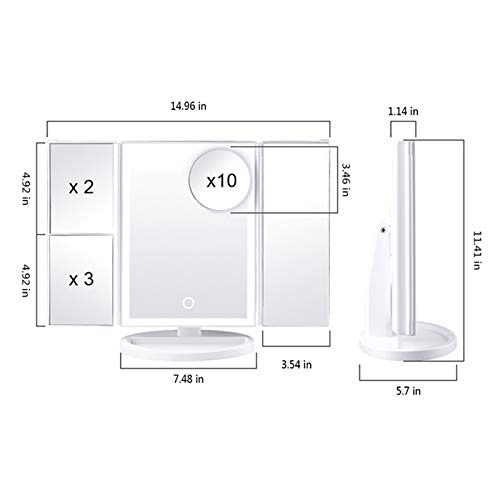 DUcare Makeup Mirror Vanity with Lights【Update】 2X 3X 10x Magnification, Lighted Makeup Mirror, Trifold Makeup Mirror, Dual Power Supply, Portable LED Makeup Mirror, Touch Screen-White Women Gift