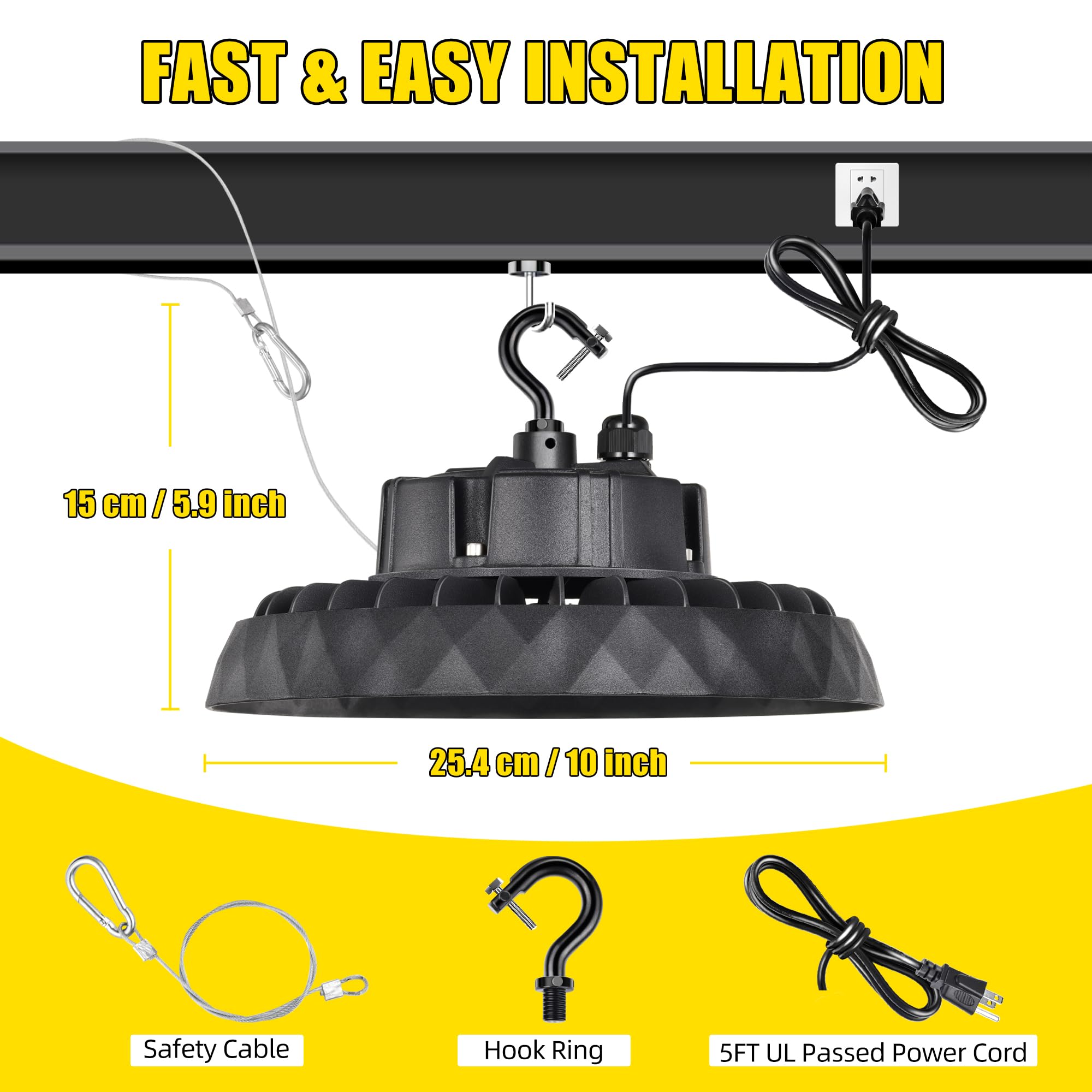LAUDING LED High Bay Light 150W, 21000LM 5000K Daylight UFO LED High Bay Shop Light with 5' Cable UL Plug for Workshop Barn Shop Warehouse Factory Gym Garage, IP65 Waterproof Dustproof.