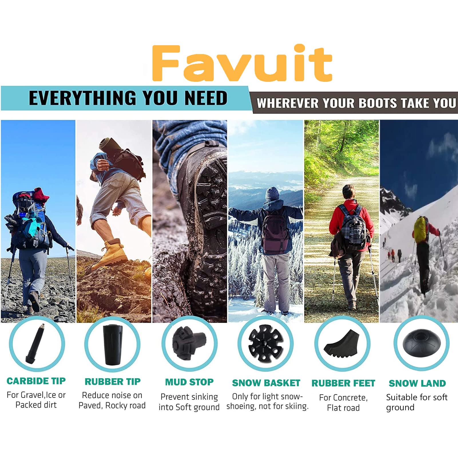 Favuit Hiking Pole Tips, Walking Stick Rubber Tips Trekking Poles 6Pcs Replacement Protectors Boot Tips Rubber Feet fits Most Standard Hiking Sticks 11mm Hole Diameter