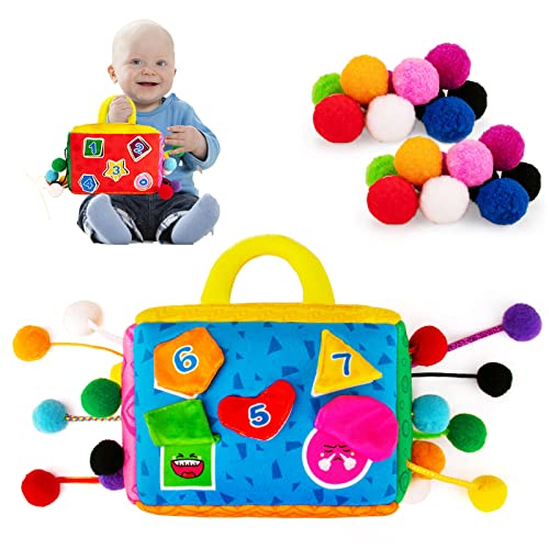 Educational 1 Year Old Activity Pull String Baby Preschool Sensory Toys for Learning Fine Motor Skills Shape Sorter Montessori Toys for Babies 6-12 Months-8 Ropes&2-Sided Bag&20 Cotton Water Balls