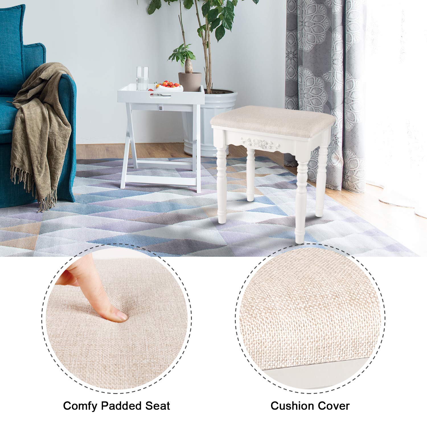 URFORESTIC Vanity Stool, Modern Makeup Dressing Stool with Concave Seat Surface,Capacity 300lb, Easy Assembly (White)