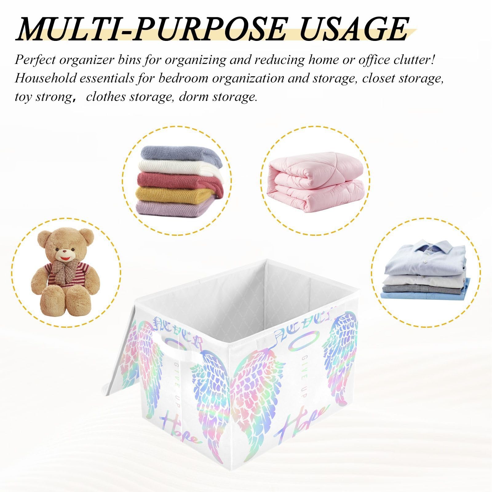 KiRYu Never-give-up-angel-wings-black Foldable Fabric Storage Boxes with Lids, Cube Large Storage Bins for Shelves Closet Home Bedroom Office Decorative