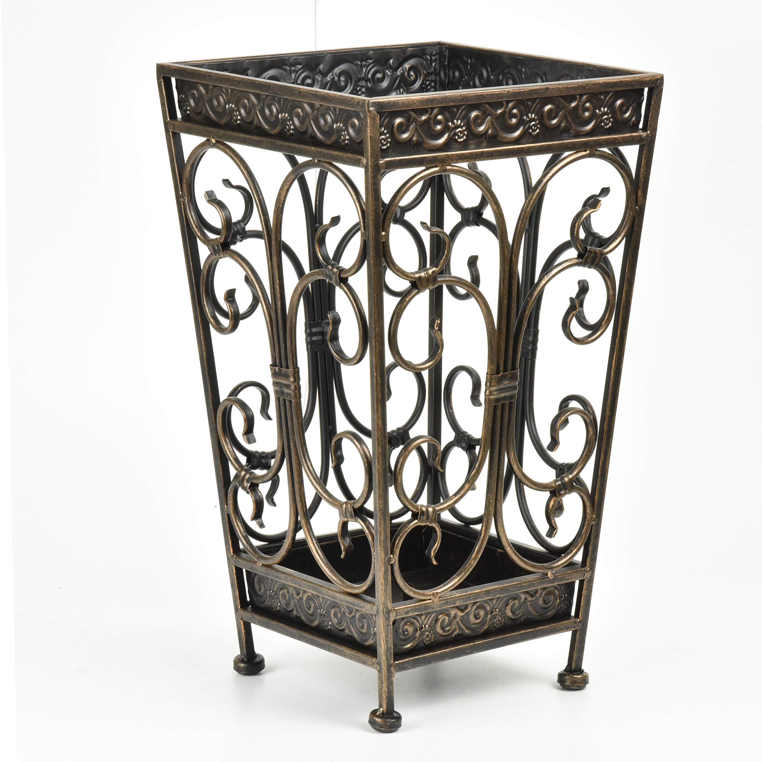 Dualplex Umbrella Holder for Entryway, Umbrella Stand Metal Antique Look, Indoor Entry Hallway Décor, Round Style with Removable Drip Tray. Home Office Rack Holds Umbrellas Canes Walking Sticks