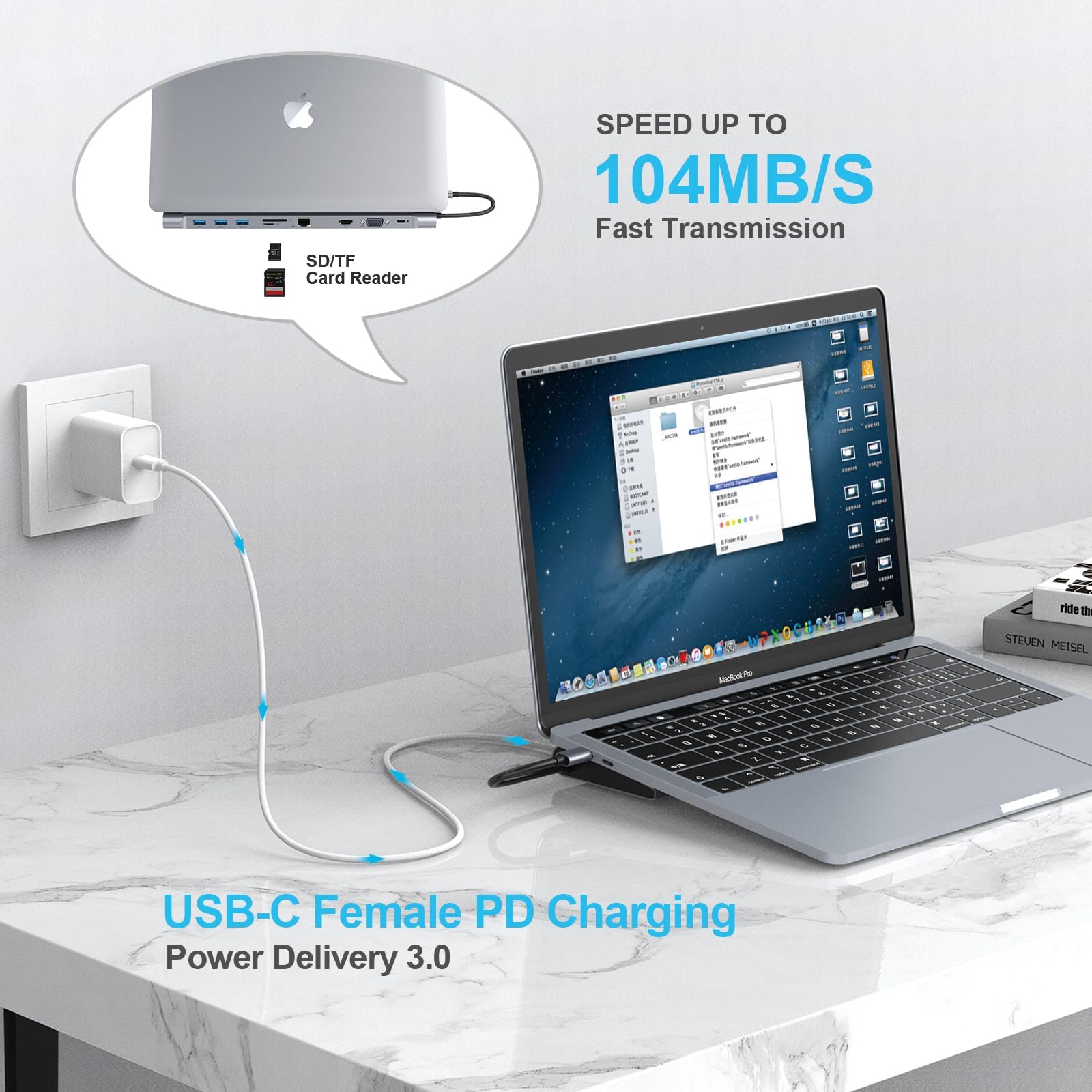 USB C Docking Station for Laptop, USB C Hub 10 in 1 USB C Adapter Docking Station with 4K HDMI & VGA, 3 x USB 3.0, Gigabit Ethernet RJ45 LAN, USB C PD, SD/TF Card Reader, 3.5 mm Audio/Mic