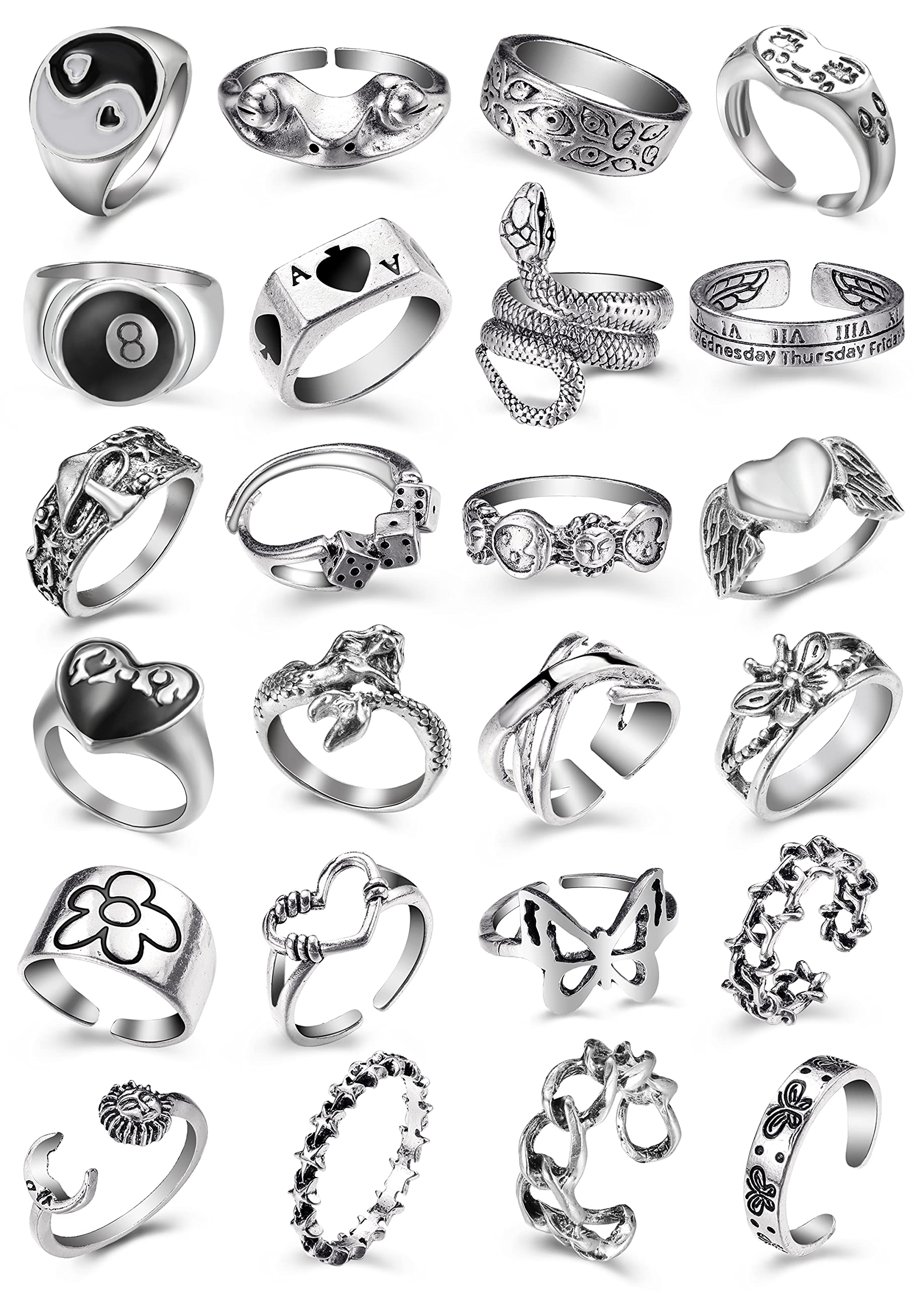FAXHION Vintage Silver Open Punk Rings for Men Women, 24PCS Adjustable Rings, Chunky Silver Rings, Bulky Rings,Cool Gothic Ring,Statement Stacking Ring, Skull Snake Star Flower Heart Y2K Ring