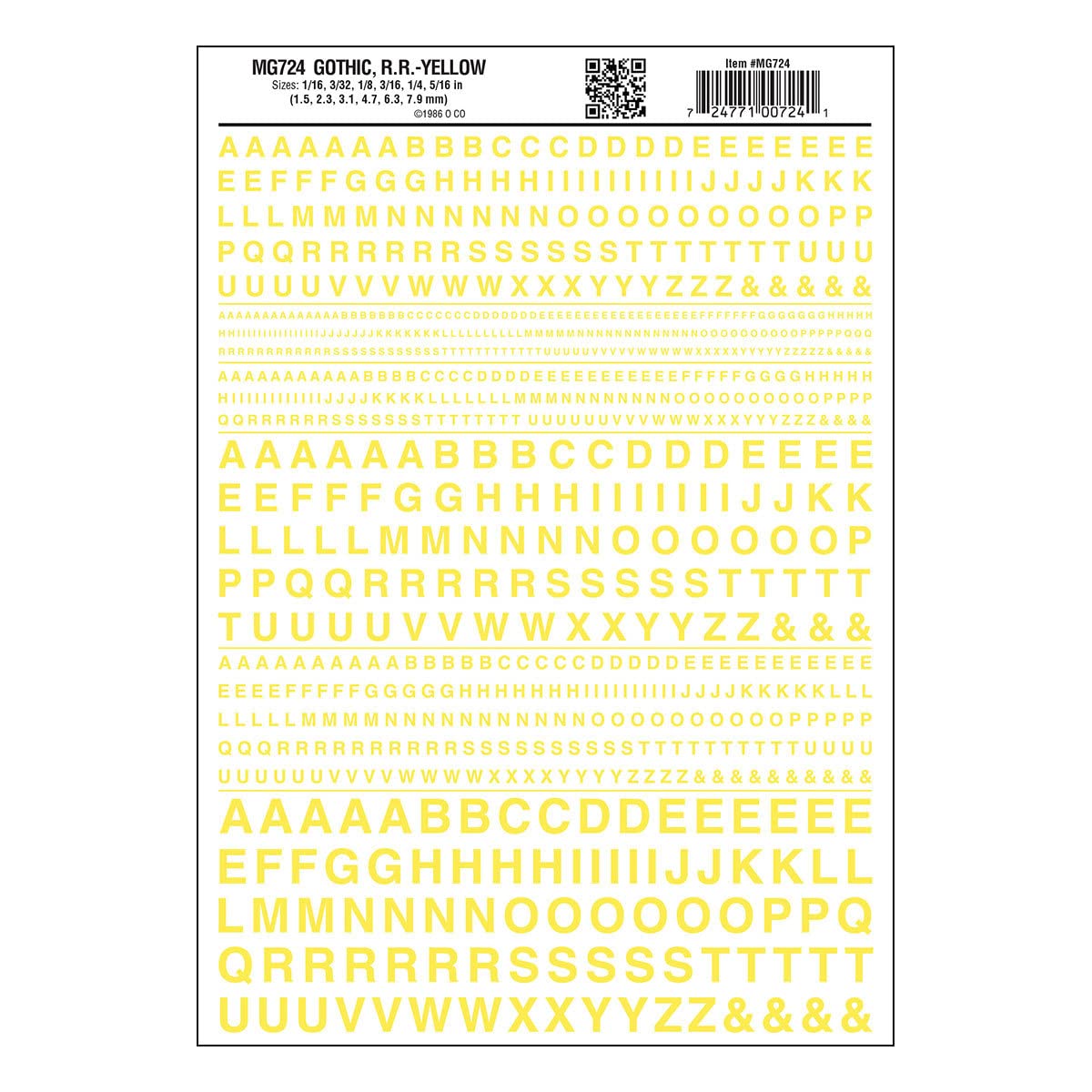 Woodland Scenics MG724 Gothic R.R. Letters Yellow 1/16-5/16 WOOU0724