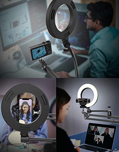 Overhead Camera Mount with Ring Light, Flexible Articulating Phone Arm Stand Compatible with iPhone, Logitech Webcam, Desk Tripod for YouTube Live Stream Cooking Nail Video Recording