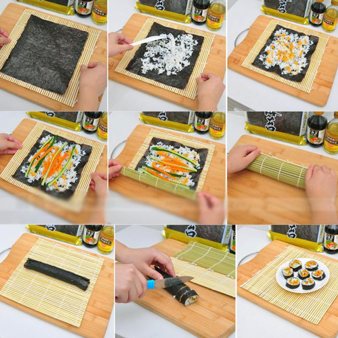 GARASANI 2 Pack Bamboo Gimbap Sushi Making Kit, 2 x Natural Bamboo Mat, 1 x Cooking Brush, 9.4" x 9.4" (Beige)