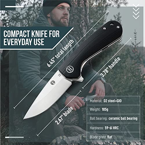 Holtzman's Gorilla Survival Folding Knife D2 Steel Blade G10 Tactical Handle Pocket Folding Knife EDC Giftset for Men (Silver and Black)