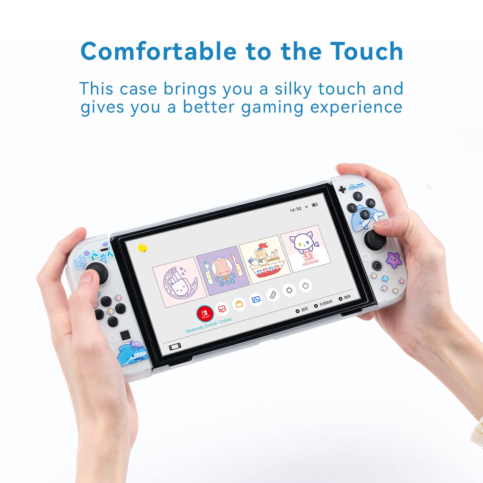 GeekShare Protective Case Slim Cover Case Compatible with Nintendo Switch OLED Console and Joy-Con, Shock-Absorption and Anti-Scratch Cover Skin for Switch OLED 2021- Shark Party (Clear)