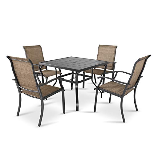 Nuu Garden 5 Piece Patio Dining Set Outdoor Table and Chairs Set for Garden Patio Backyard, 4 Textilene Dining Chairs and 1 Iron Patio Table with Umbrella Hole, Black with Gold Speckles and Brown