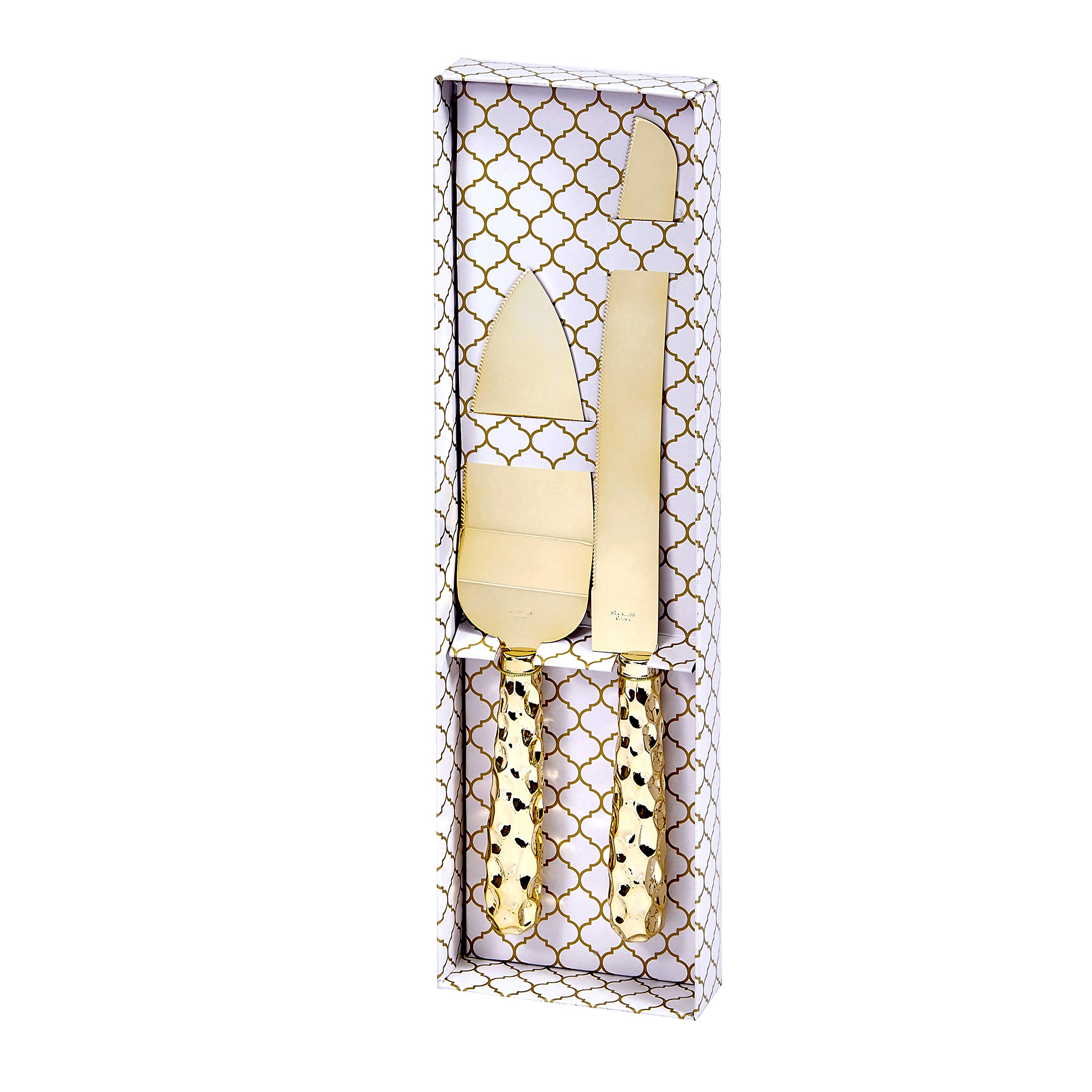 FASHIONCRAFT 2562 Gold Hammered Design Cake Knife and Server Set β Wedding Favor