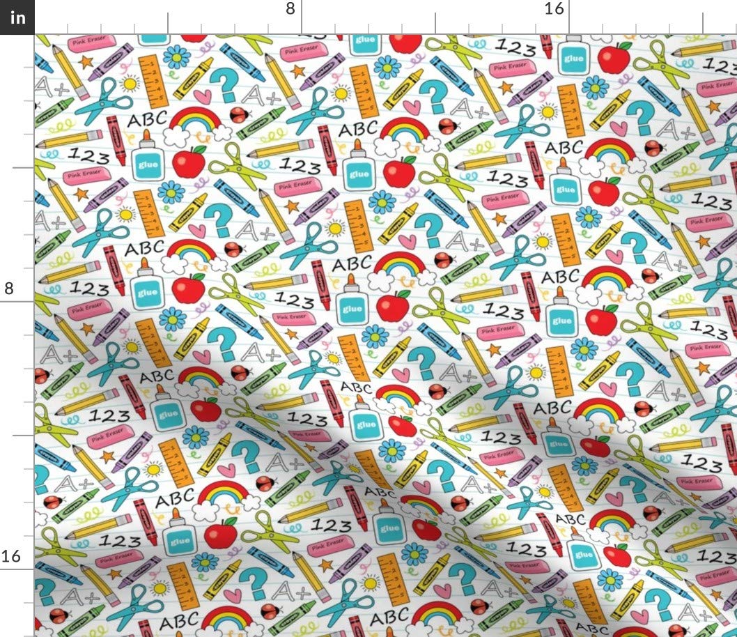 Spoonflower Fabric - Small School Supplies White Teacher Pencil Rainbow Student ABCs Printed on Petal Signature Cotton Fabric by The Yard - Sewing Quilting Apparel Crafts Decor