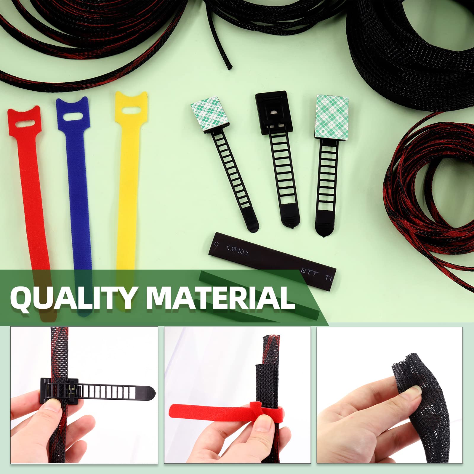 Keadic 51Pcs 1/2" 1/4" 3/4" Cable Management Wire Loom Kit Includes 16 ft Braided Cable Sleeve, Reusable Cord Ties, Heat Shrink Tube and Adhesive Nylon Zip Wire Straps for USB Audio Video