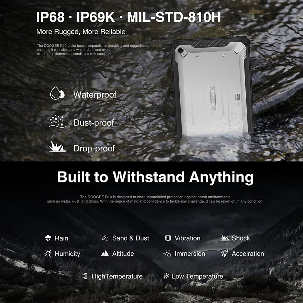 DOOGEE R10 Rugged Tablet Android 13, MTK G99 8GB+128GB Tablet PC, 10.36 inch FHD+ 10800mAh Rugged Tablets, IP68 Waterproof Tablet, 20MP+16MP Camera, Dual SIM 4G/WiFi/GPS/OTG/FM/T-Mobile, Silver