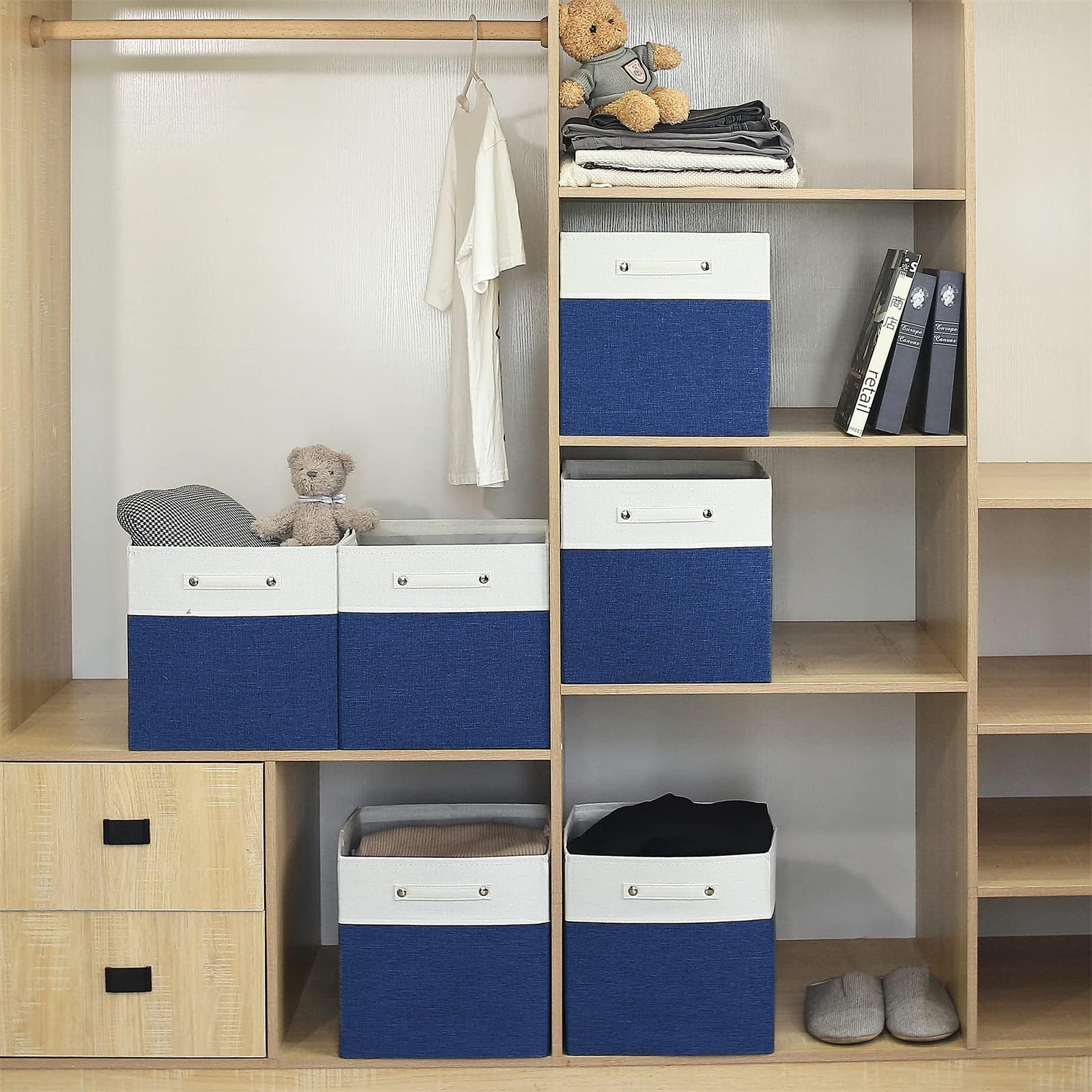 FinishingBo 13x13x13 Cube Storage Bins, Collapsible Fabric Storage Cubes Organizer , Foldable Large Storage Baskets for Nursery, Toys Organizing Closet, Shelf Cabinet(6Pack, White and Navy Blue
