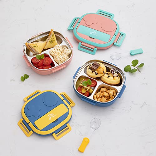 Lille Home 18oz Stainless Steel Leakproof 3-Compartment Bento Lunch Box/Portion Control Food Container with Lunch Bag and Foldable Spoon, BPA Free (Pink)