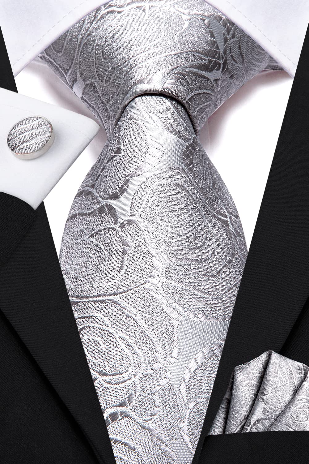 Dubulle Mens Silver Grey Floral Tie Silk Neckte and Hanky Cufflinks Set for Wedding