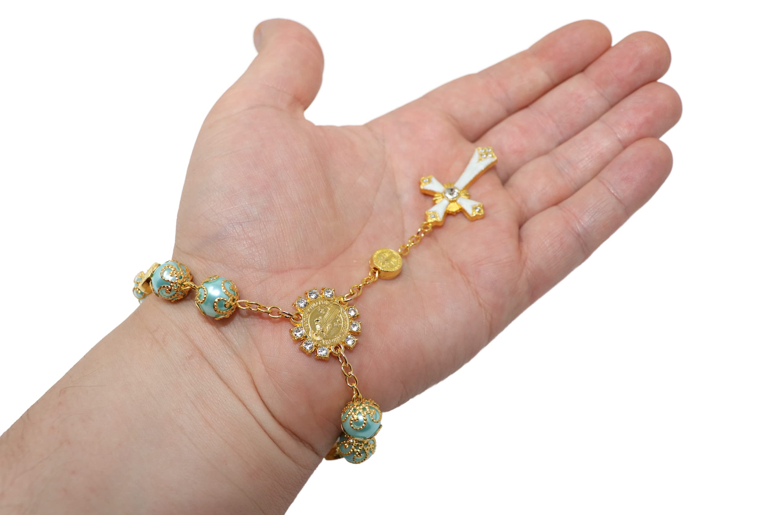 Faith & Gospel Blue Gold Rosary Beads Bracelet Medal Catholic Cross Religious Prayer Chaplet Handmade Communion Confirmation Car Pocket