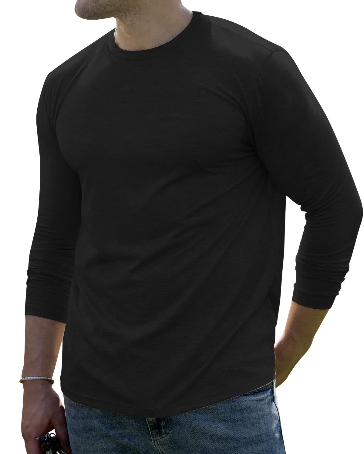 Fashion Mens Long Sleeve Athletic T Shirts Cotton Crew Neck Undershirt Workout Running Gym Top Black