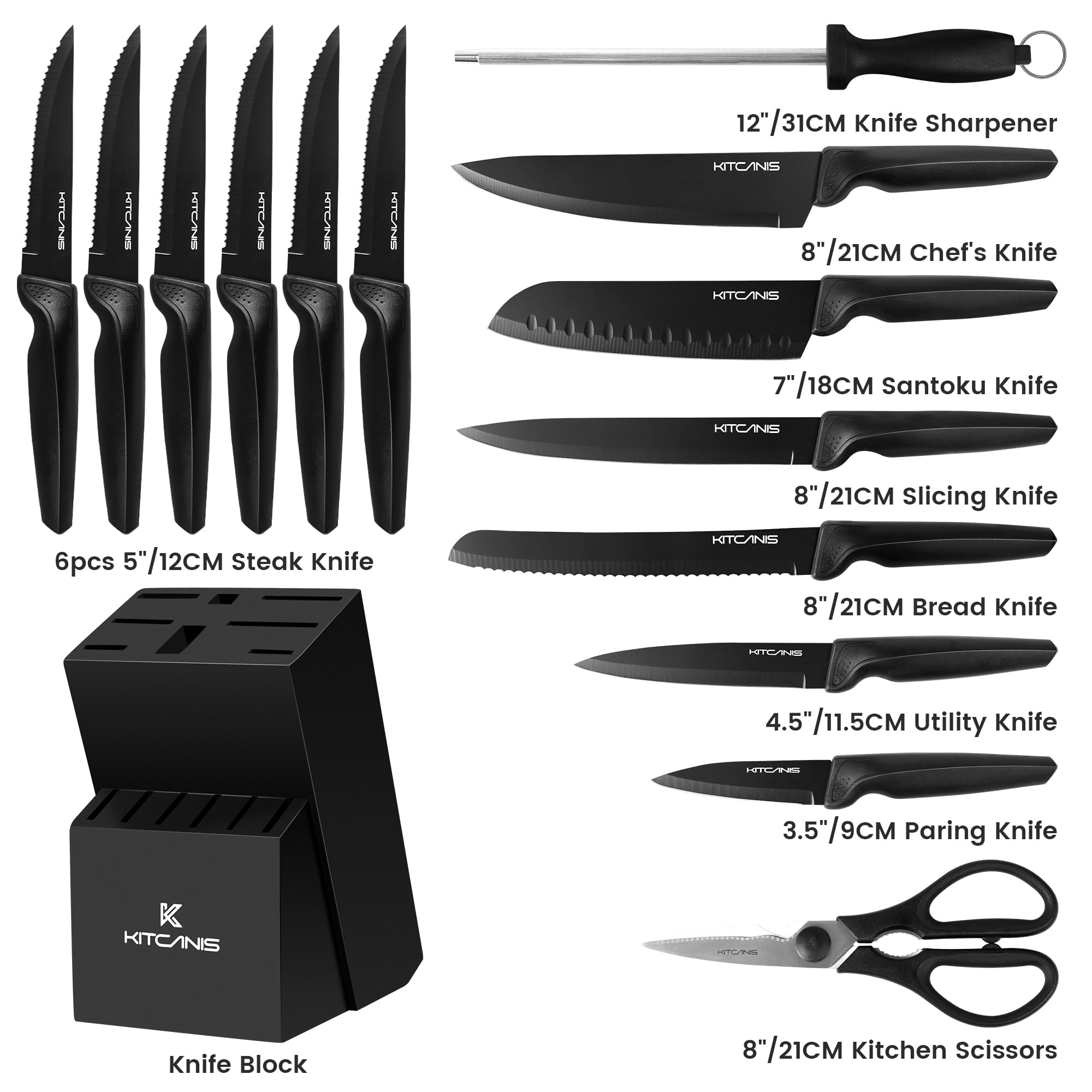 KITCANIS Knife Sets for Kitchen with Block, 15 Pcs Kitchen Knife Set with Block Self Sharpening, Dishwasher Safe, Anti-slip Handle, Black