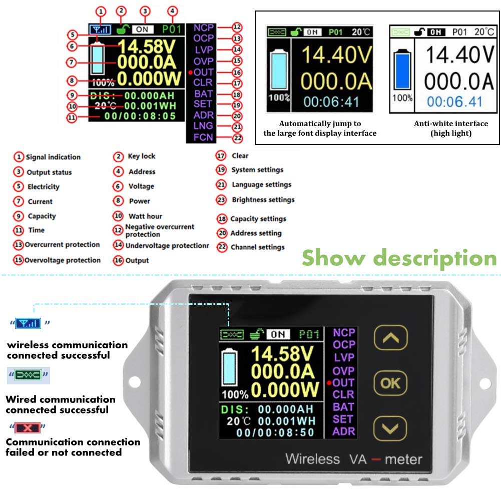 DC Meter Amp Volt,Color LCD Screen Wireless Meter, 2.4G Wireless Data Transmission Technology,for Measure Miscellaneous Meter Parameters (VAT-1300)