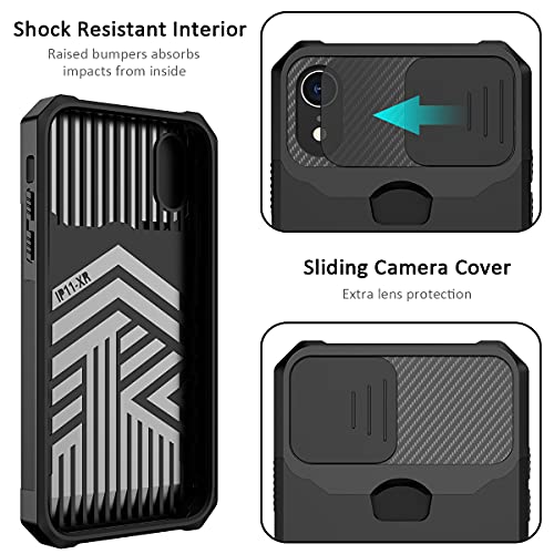 Nvollnoe for iPhone XR Case with Sliding Camera Cover and Card Holder Heavy Duty Protective iPhone XR Case with Ring Magnetic Kickstand Phone Case for iPhone XR 6.1''(Black)