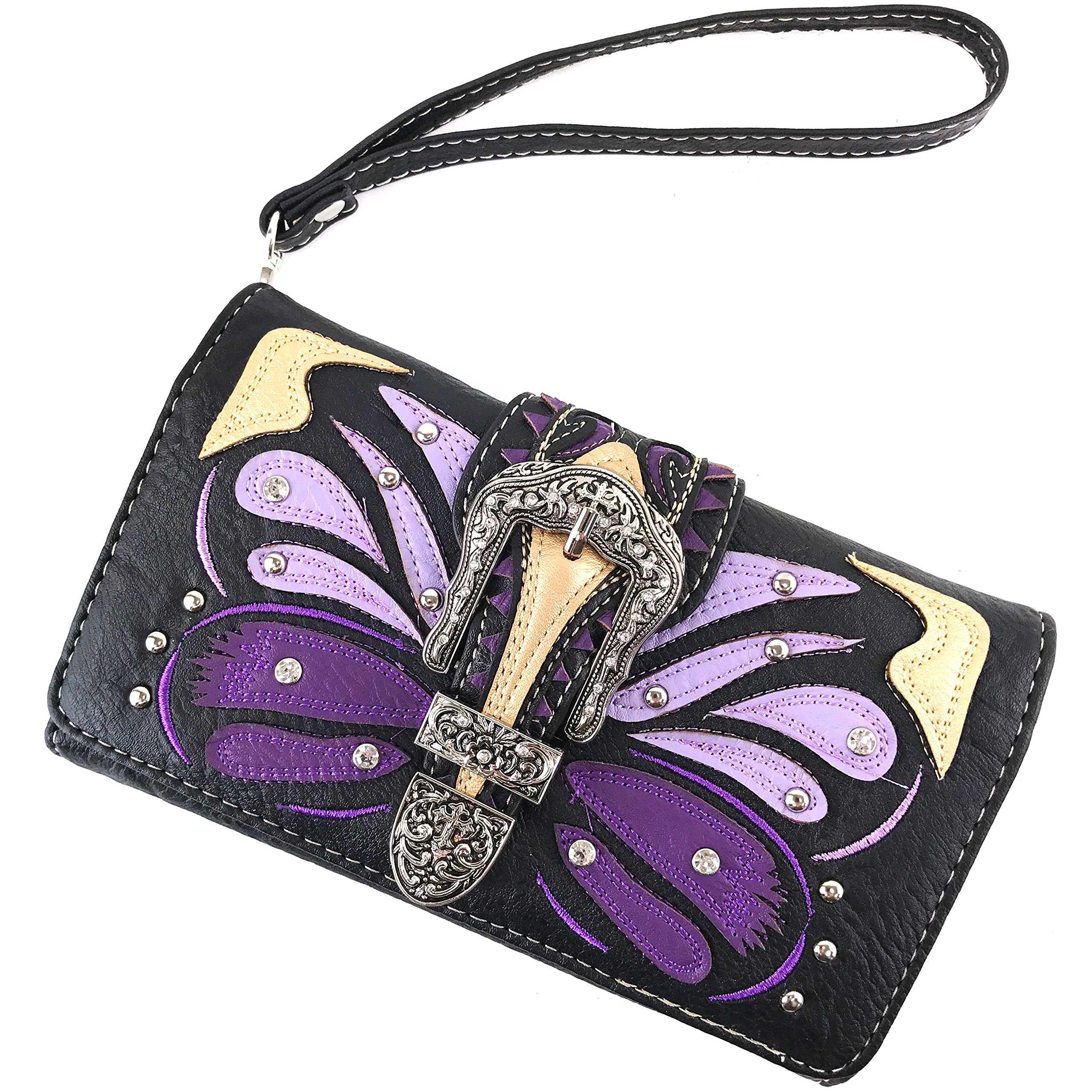 Zelris Buckle Abstract Butterfly Artwork Women Crossbody Wrist Trifold Wallet (Purple)