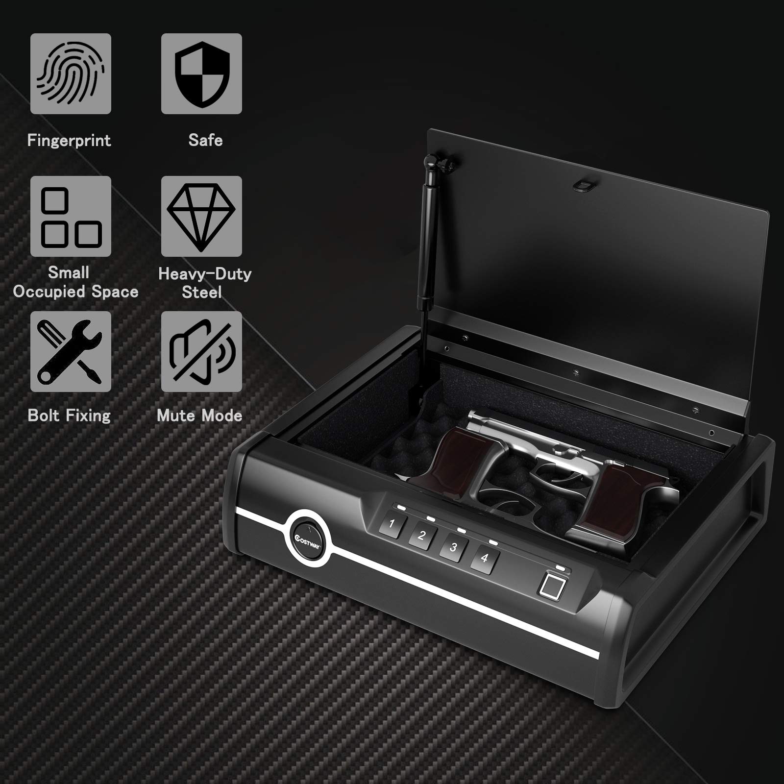 COSTWAY Gun Safe, Quick Access with Biometric Fingerprint Identification & Password & Backup Keys, Heavy-Duty Steel, Pick-Proof Gun safe for 2 Pistols for Home, Auto Open Lid, DOJ Approved