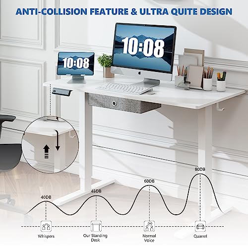 DUMOS Adjustable Height Electric Standing Desk with Drawer,48 x 24 in Ergonomic Computer Table with Splicing Board, Wire Hole and Hook for Workstation for Home, Office, White