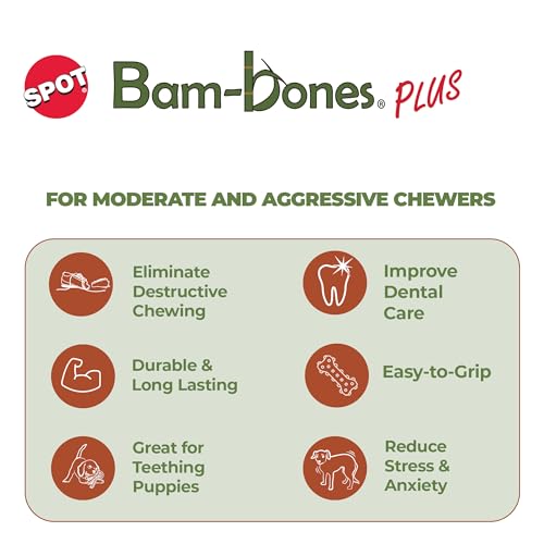 SPOT Bam-Bones Plus T Bone - Bamboo Fiber & Nylon, Durable Long Lasting Dog Chew for Aggressive Chewers – Great Toy for Adult Dogs & Teething Puppies Under 90lbs, Non-Splintering, 7in Chicken Flavor