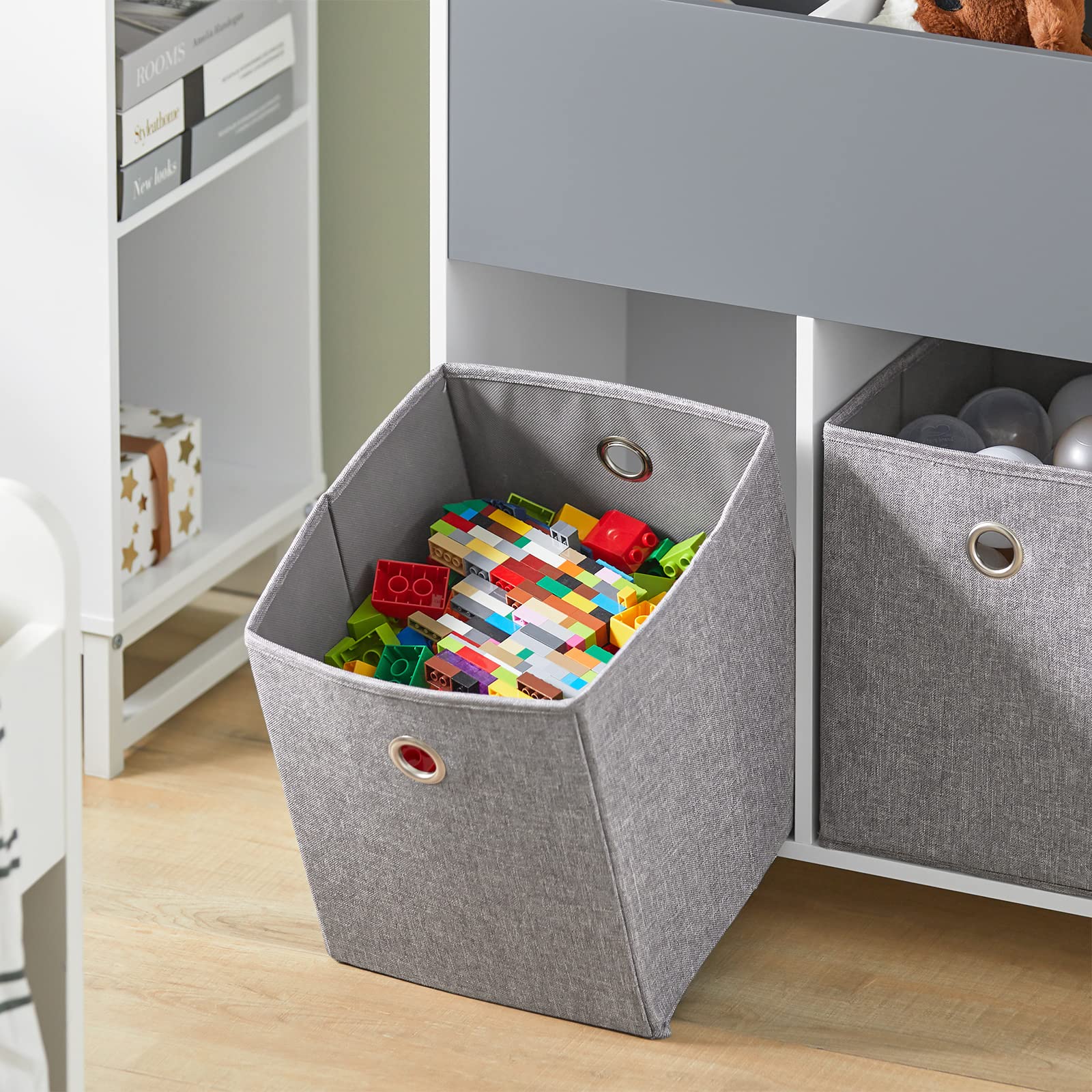 Haotian Kids Toy Storage Organizer Cart, Bookshelf with 3 Baskets & Wheels Children Toddlers Bookcase Playroom Nursery, Grey, KMB61-HG