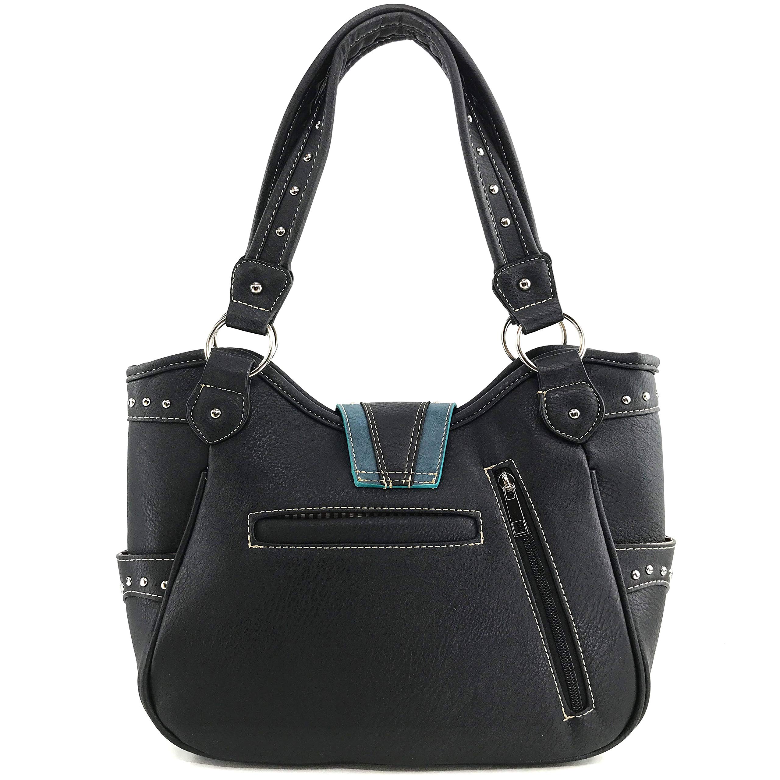 Zelris Floral Poppy Buckle Western Women Conceal Carry Tote Handbag Purse Set (Black)