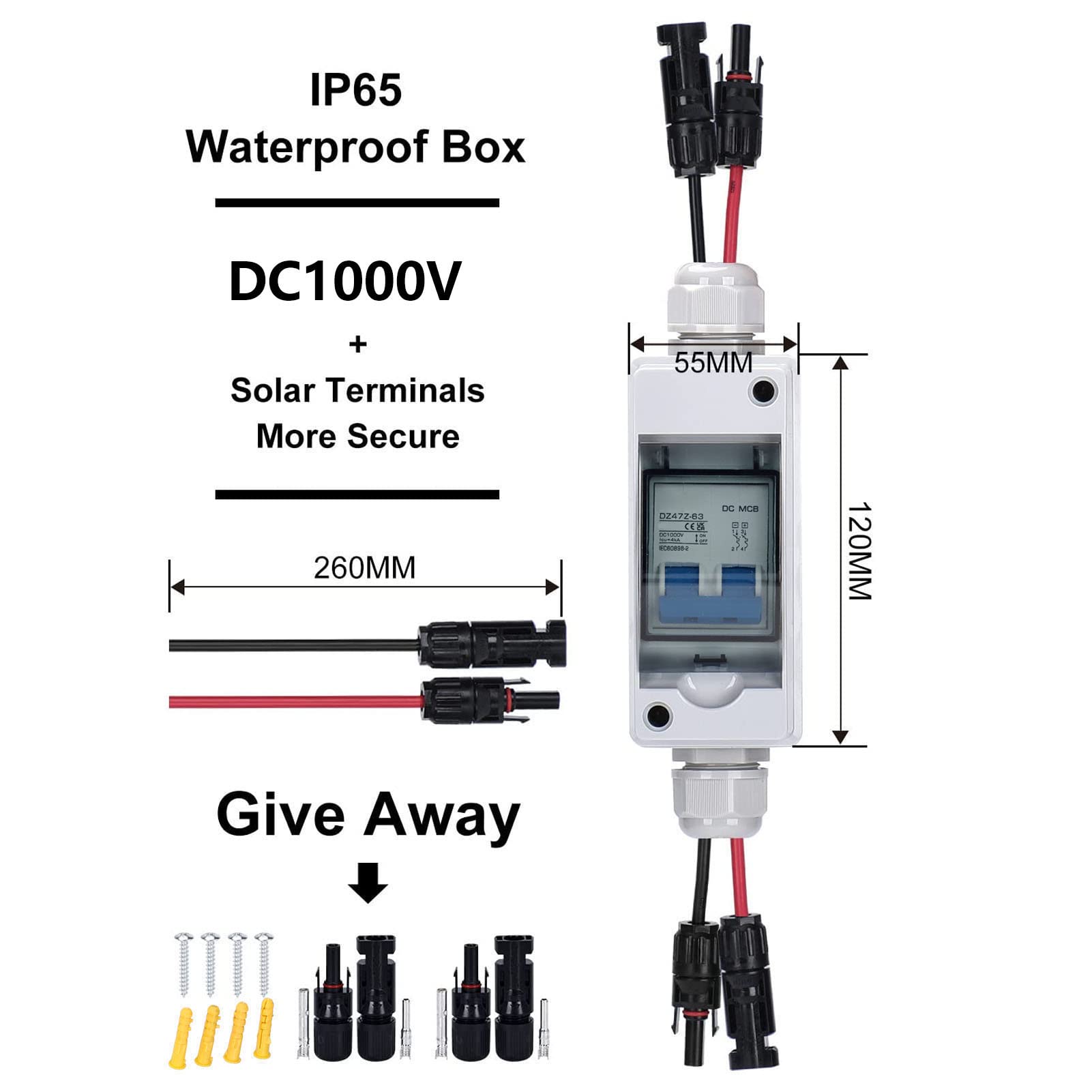 DC Miniature Circuit Breaker, 2 Pole 1000V 63Amp Isolator for Solar PV System, DIN Rail Mount Chtaixi DC Disconnect Switch Solar Disconnect Switch with Outdoor IP65 Waterproof Box