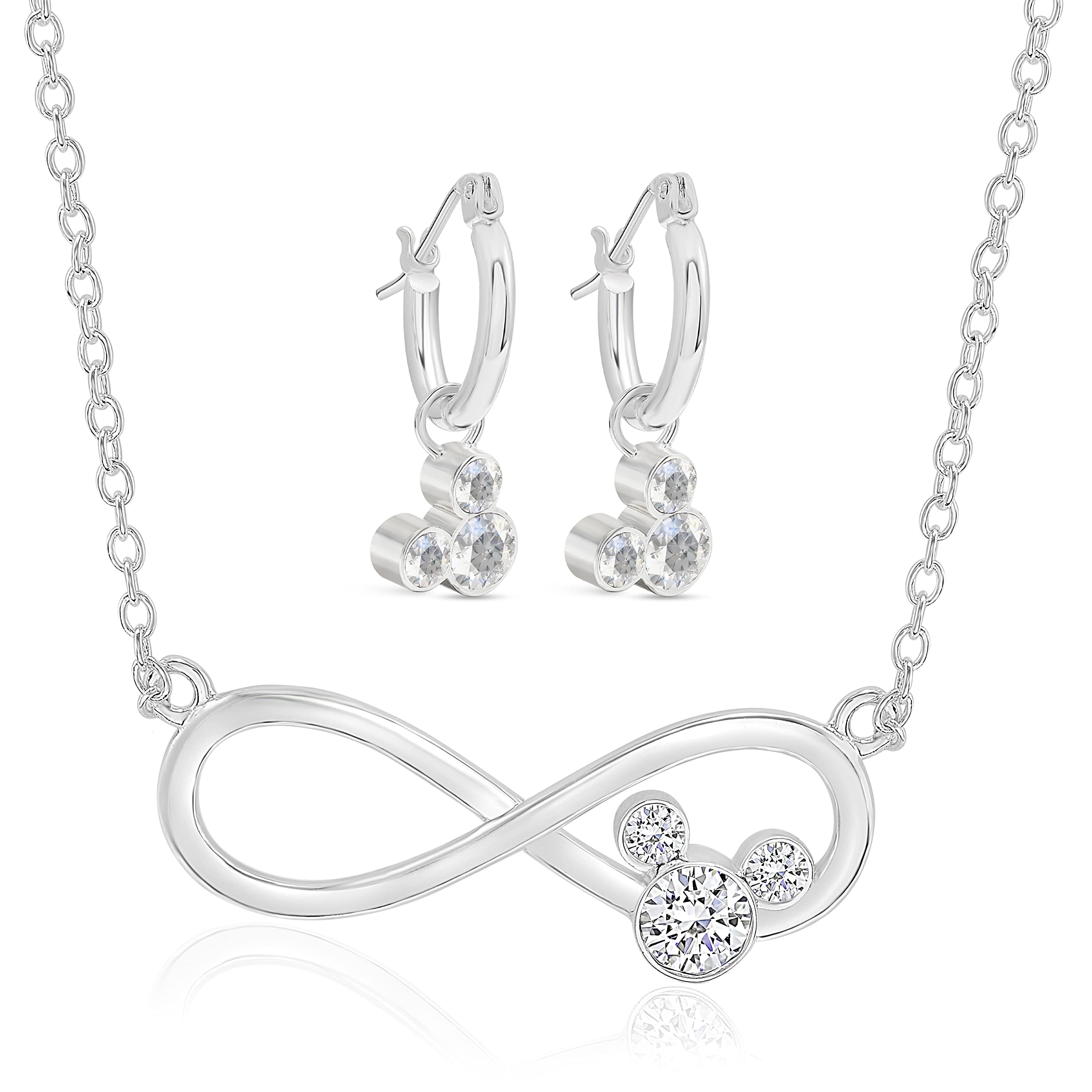 Disney Mickey Mouse Jewelry for Women, Infinity Necklace and Hoop Dangle Earrings Set, Crystal Accents, Silver Plated, 18"