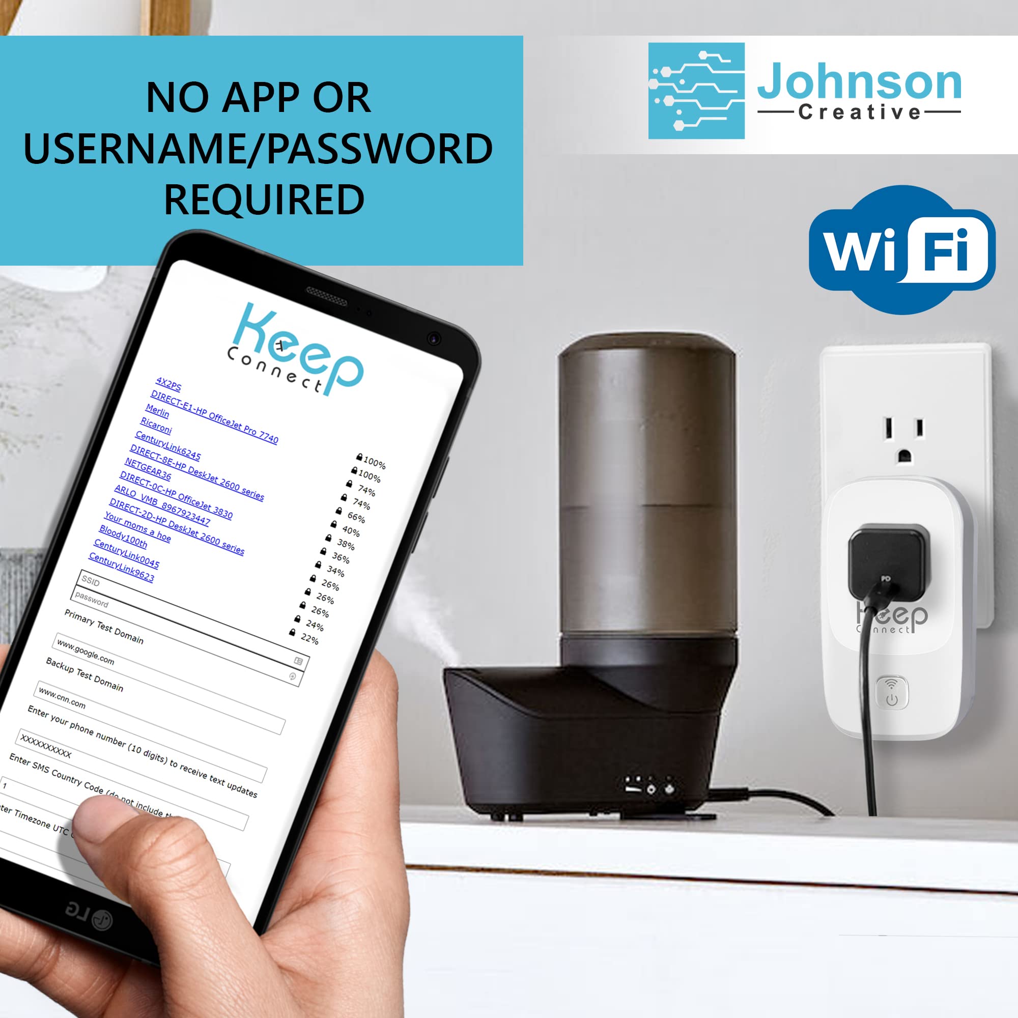 Keep Connect Router Wi-Fi Reset Device, Monitors Connectivity and Resets When Required. No App Necessary. If You Enter a Phone Number it Will Send Texts Upon resets.