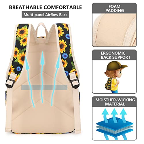 Pawsky School Backpack for Teen Girls, Water Resistant Laptop Backpack Womens Bookbag with Lunch Bag and Pencil Case, Sunflower