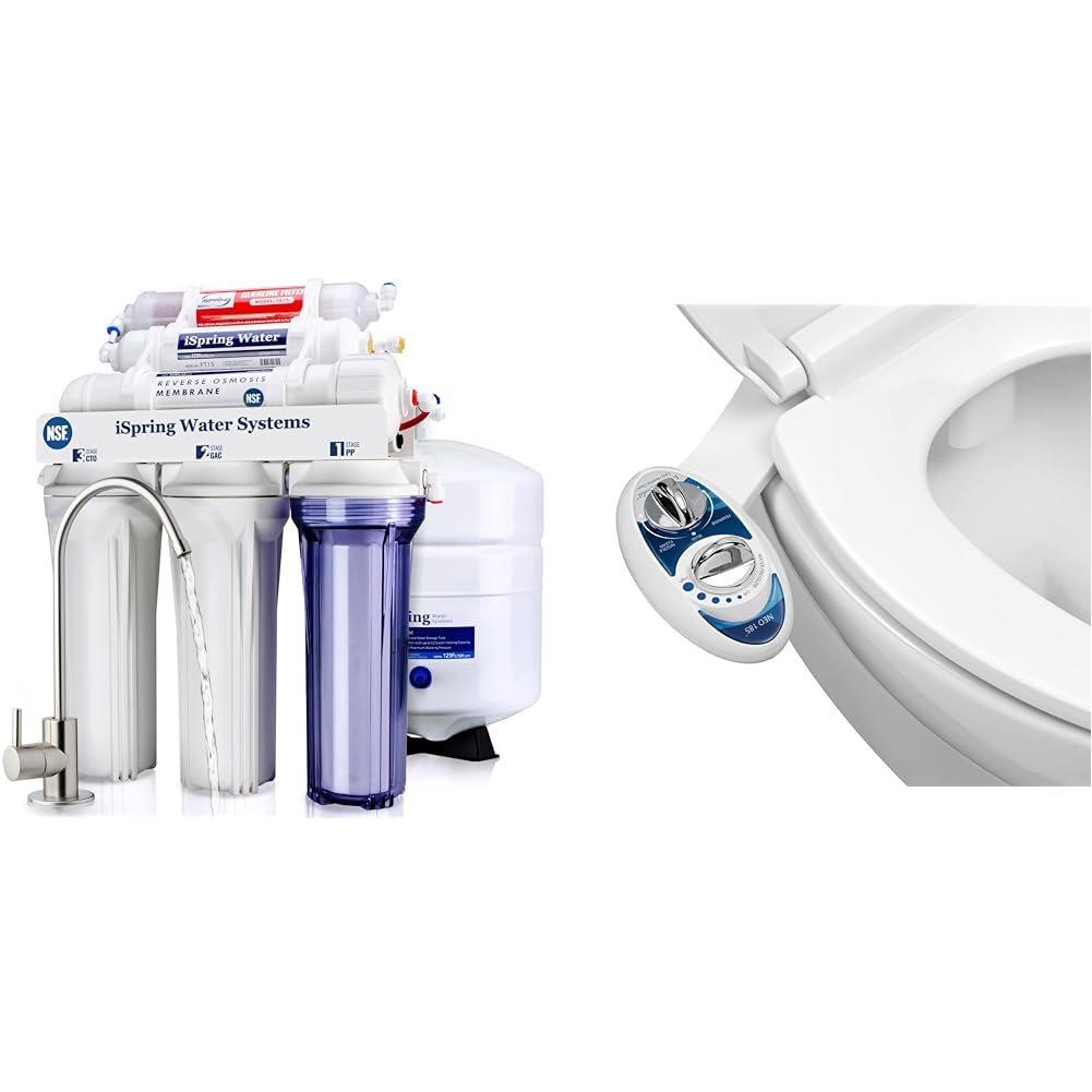 iSpring RCC7AK 75 GPD 6-Stage RO Water Filter + Luxe Bidet NEO 185 Self-Cleaning Dual Nozzle Bidet Toilet Attachment