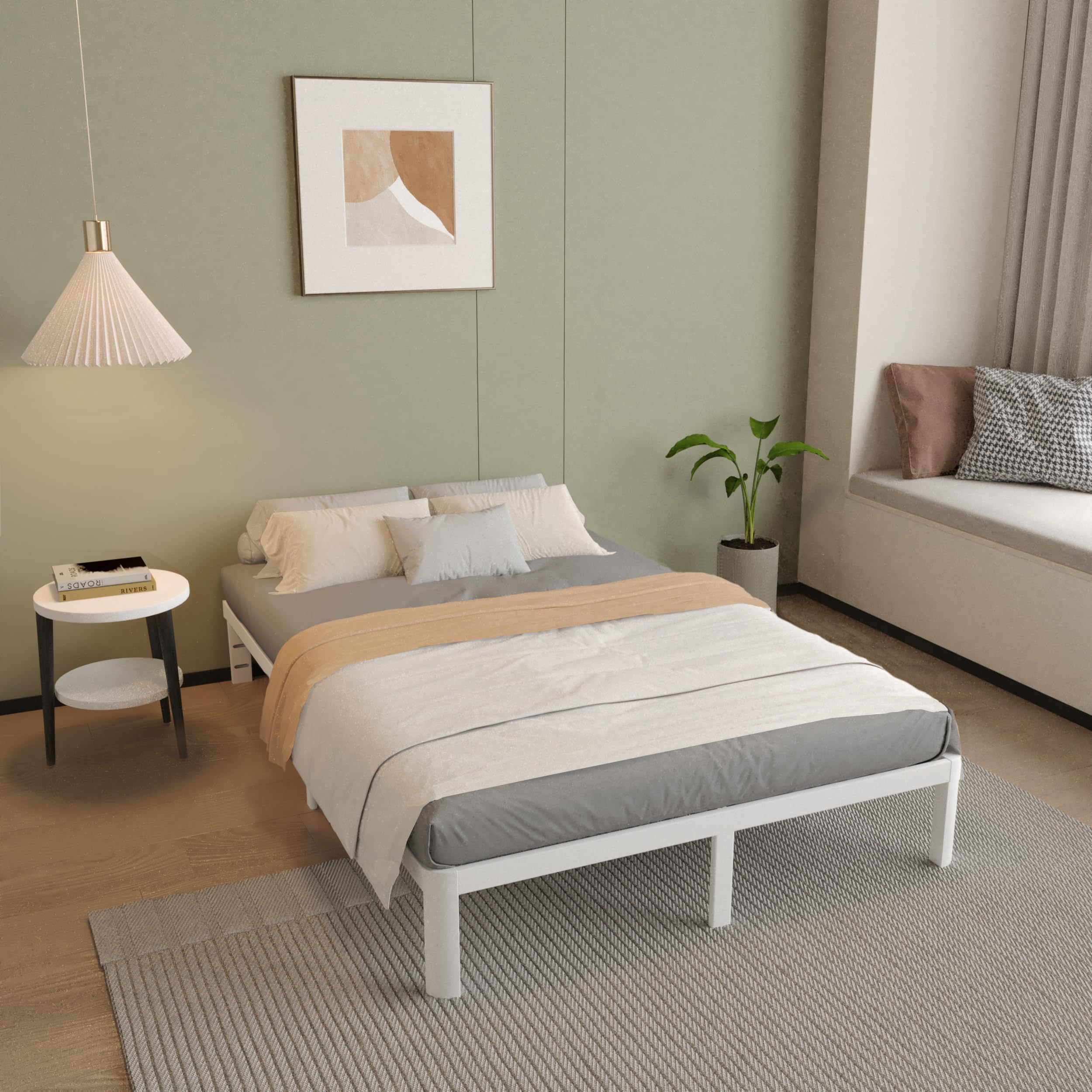 ITIMIDI 16 Inch White Bed Frame Queen, Queen Size Metal Platform Bed Frames with Round Corner Legs, Heavy Duty Steel Support 3500 LBS, Storage Space, No Box Spring Needed, Noise Free, Easy Assembly