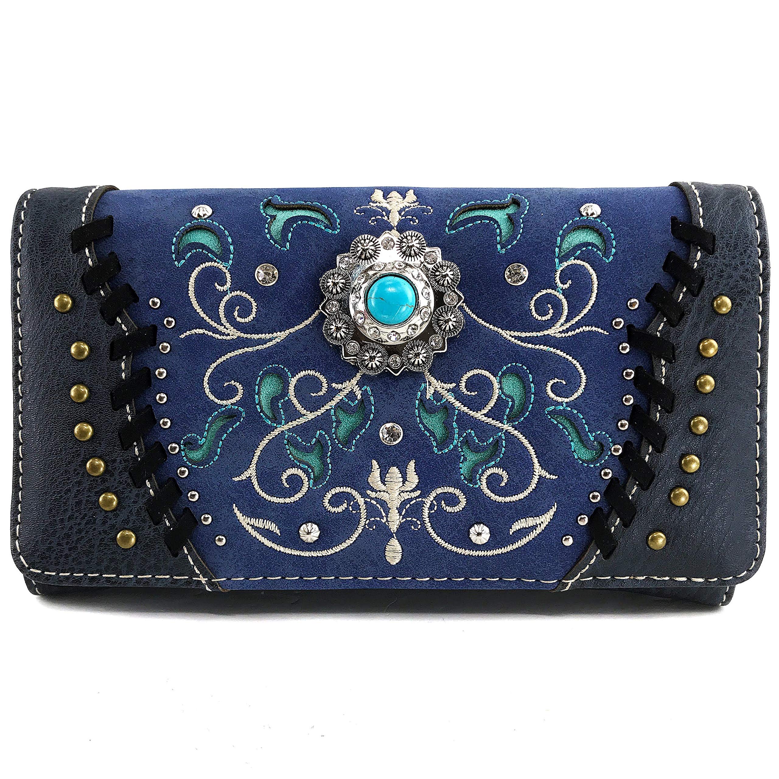Zelris Spring Bloom Western Concho Women Crossbody Wrist Trifold Wallet (Blue)