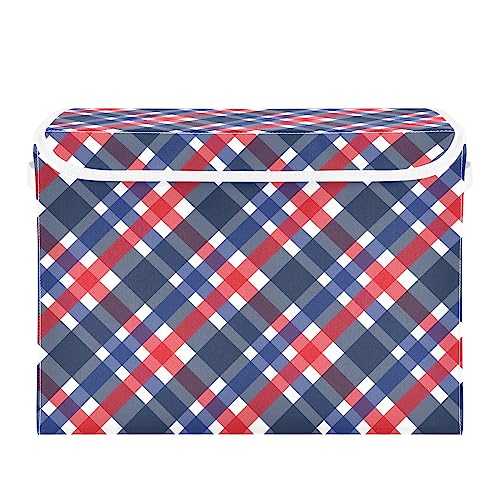 DOMIKING Blue Red Plaid Storage Basket with Lid Collapsible Storage Bins Decorative Lidded Storage Boxes for Toys Organizers with Handles for Books Shelves Nursery Office